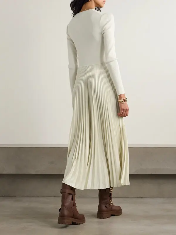 Pleated Wool Ribbed-knit Midi Dress - Cream