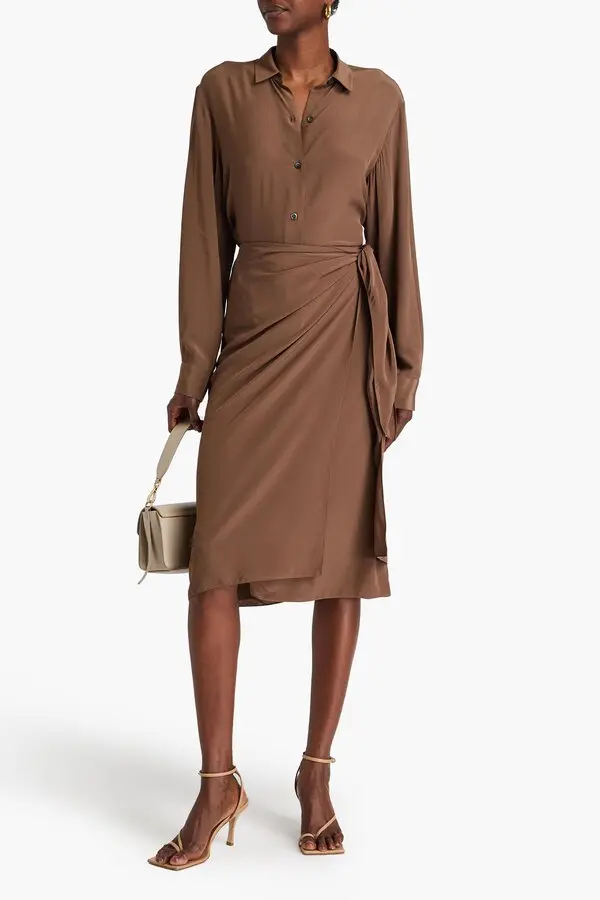 Theory Wrap-effect Crepe Midi Skirt - Brown