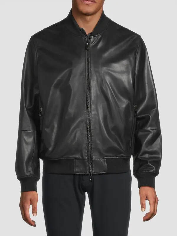 Emporio Armani Leather Bomber Jacket - Black
