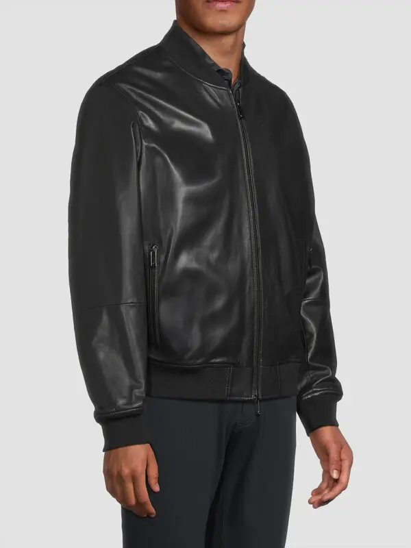 Emporio Armani Leather Bomber Jacket - Black