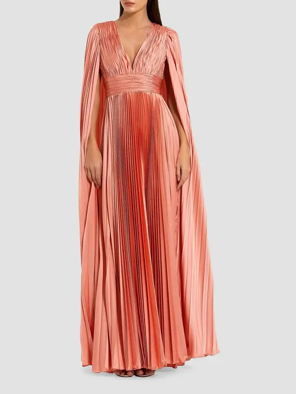 Mac Duggal Metallic Pleated Charmeuse Cape Gown - Peach