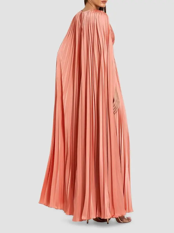 Mac Duggal Metallic Pleated Charmeuse Cape Gown - Peach