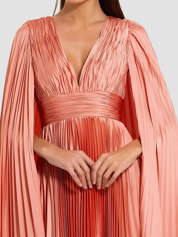 Mac Duggal Metallic Pleated Charmeuse Cape Gown - Peach
