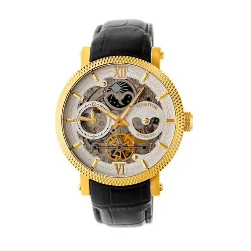 HERITOR AUTOMATIC Aries Skeleton Leather-band Watch - Black/gold