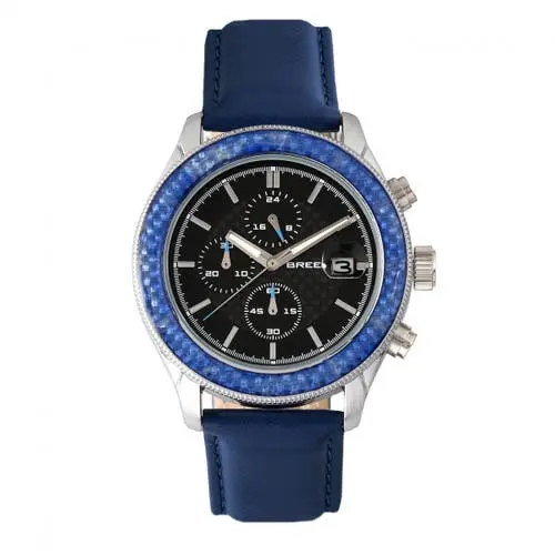BREED Maverick Chronograph Leather-band Strap Watch - Silver/blue