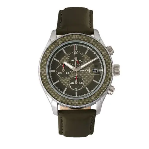 BREED Maverick Chronograph Leather-band Strap Watch - Silver/olive