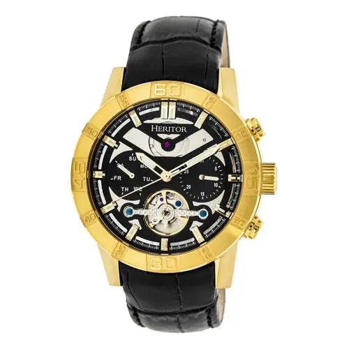 HERITOR AUTOMATIC Semi-skeleton Leather-band Watch - Gold/black