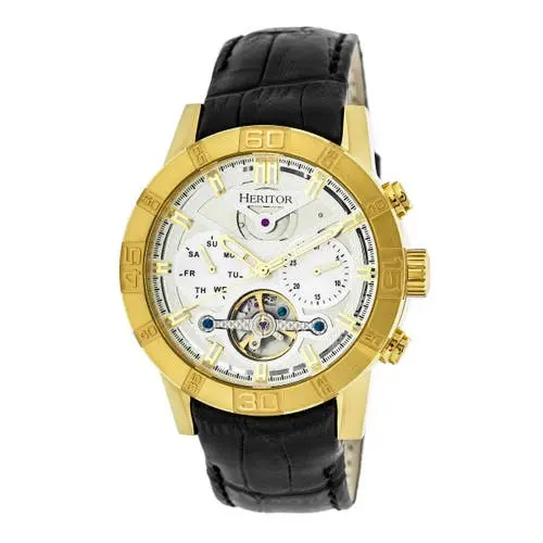 HERITOR AUTOMATIC Semi-skeleton Leather-band Watch - Gold/silver
