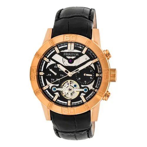 HERITOR AUTOMATIC Semi-skeleton Leather-band Watch - Rose Gold/black