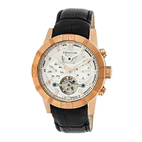 HERITOR AUTOMATIC Semi-skeleton Leather-band Watch - Rose Gold/silver