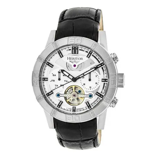 HERITOR AUTOMATIC Semi-skeleton Leather-band Watch - Silver