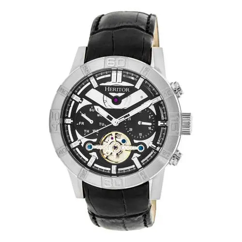 HERITOR AUTOMATIC Semi-skeleton Leather-band Watch - Silver/black