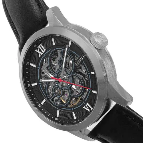 HERITOR AUTOMATIC Jonas Leather-band Skeleton Watch - Silver/black