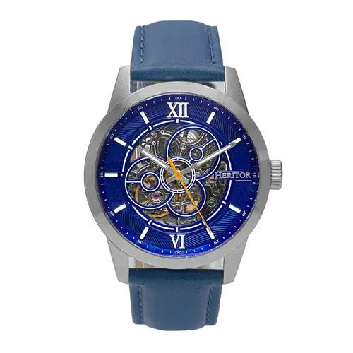 HERITOR AUTOMATIC Jonas Leather-band Skeleton Watch - Silver/blue
