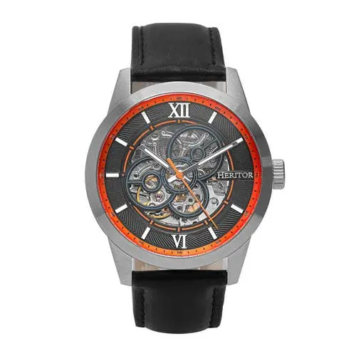 HERITOR AUTOMATIC Jonas Leather-band Skeleton Watch - Silver/orange