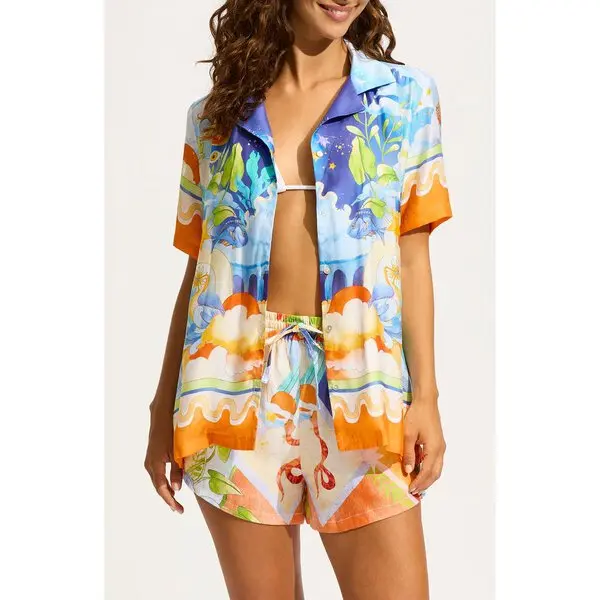 Seafolly Aquarius Linen Button-up Cover-up Shirt - Turquoise