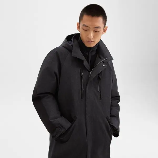 Theory Hooded Parka In Wool-Blend Twill In Charcoal - 60% Off