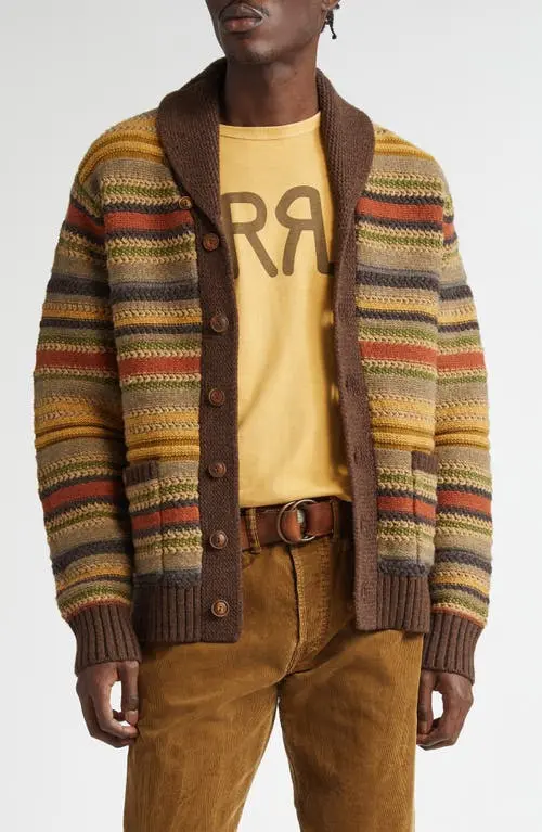 Double Rl Stripe Shawl-collar Wool Cardigan