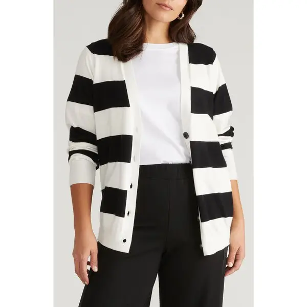 Universal Standard Cosmo Cardigan - Black/ecru Wide Stripe