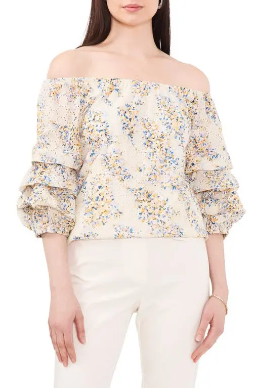 Chaus Eyelet Off-the-shoulder Blouse - Ivory/lavender/blue