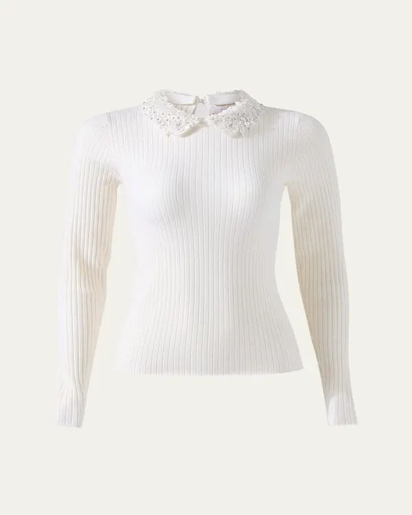 Carolina Herrera Ribbed Knit Sweater With Removable Lace Collar