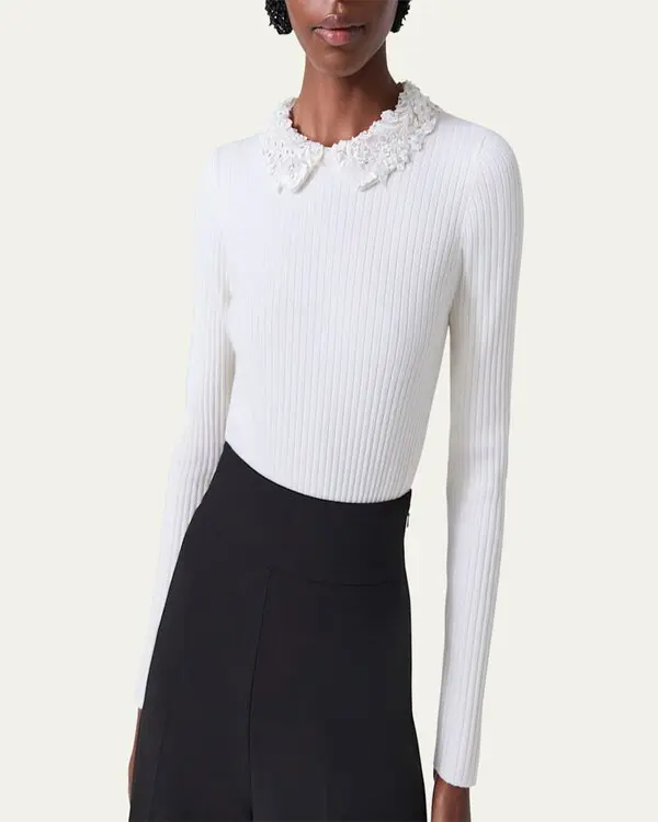 Carolina Herrera Ribbed Knit Sweater With Removable Lace Collar