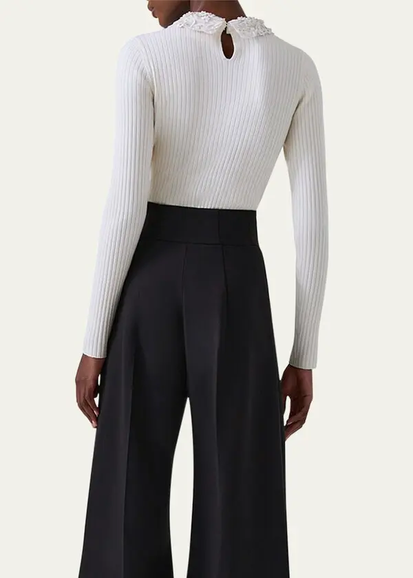 Carolina Herrera Ribbed Knit Sweater With Removable Lace Collar
