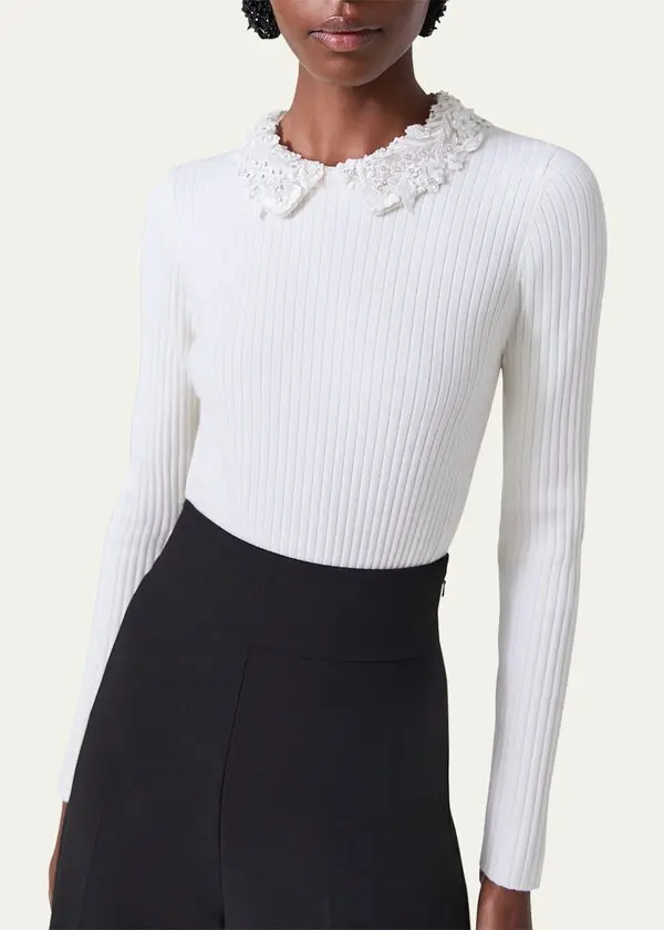 Carolina Herrera Ribbed Knit Sweater With Removable Lace Collar