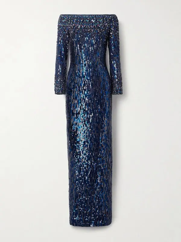 Jenny Packham Off-the-shoulder Crystal And Sequin-embellished Tulle Gown