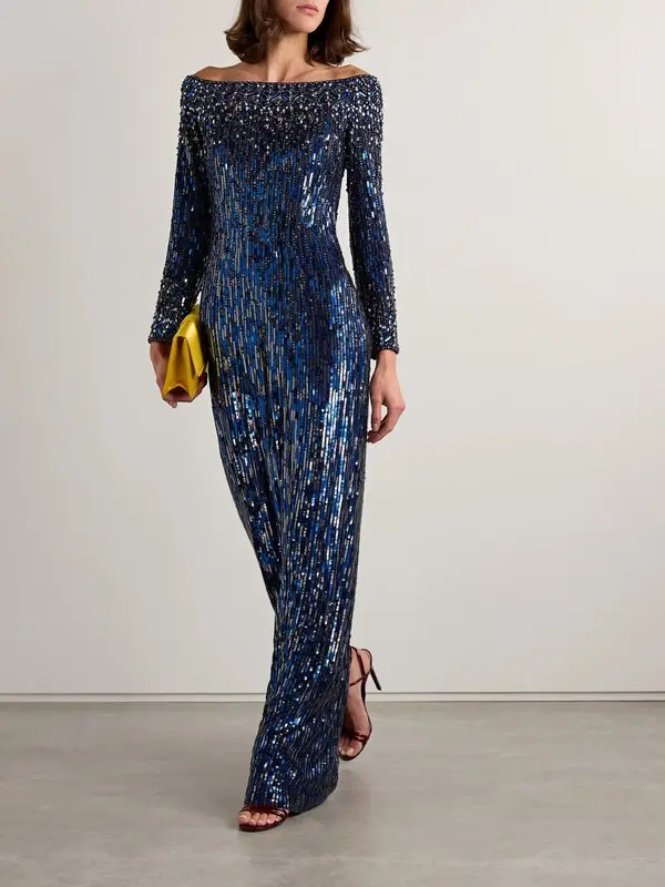 Jenny Packham Off-the-shoulder Crystal And Sequin-embellished Tulle Gown