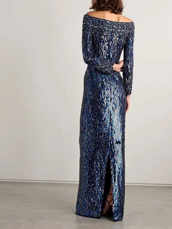Jenny Packham Off-the-shoulder Crystal And Sequin-embellished Tulle Gown
