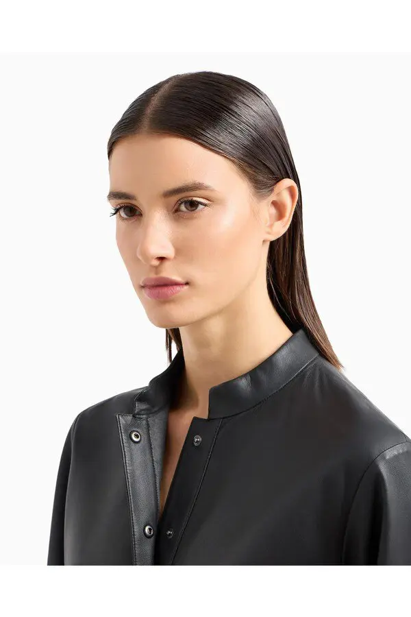 high neck leather dress DEEP NECK SLIT HEM FAUX LEATHER DRESS – Riah Fashion main image 0