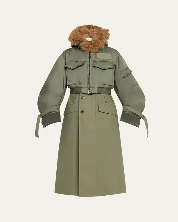 Sacai Spiewak Trench Hybrid Coat With Faux Fur Trim - Bkhaki