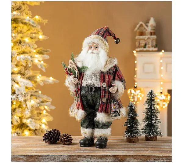 GLITZHOME 18'h Faux Fur Giving Santa Christmas Igurine - One-color