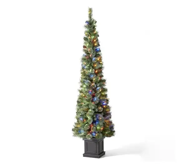 GLITZHOME 7' Pre-lit Potted Pine Porch Faux Chr Istmas Tree - One-color