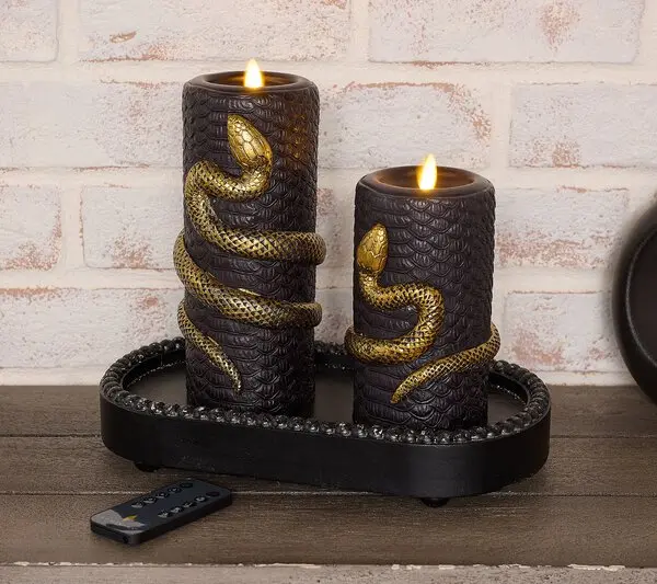 MARTHA STEWART As Is S/2 Embossed Snake Flame Less Pillar - One-color