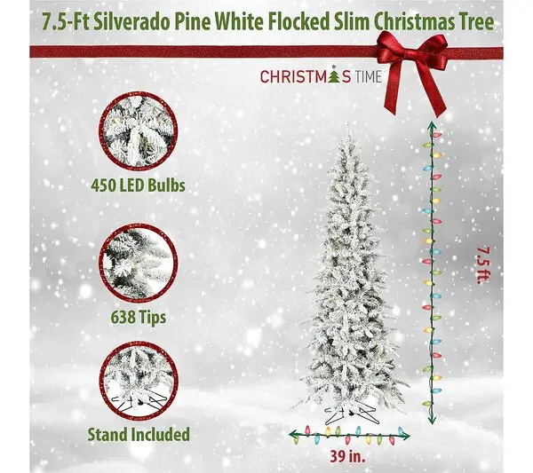 CHRISTMAS TIME 6.5' Slim White Pine Flocked Chr Stmas Tree