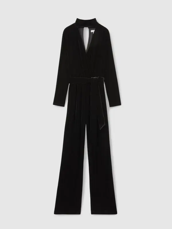 REISS Vera Velvet Belted Wide Leg Jumpsuit