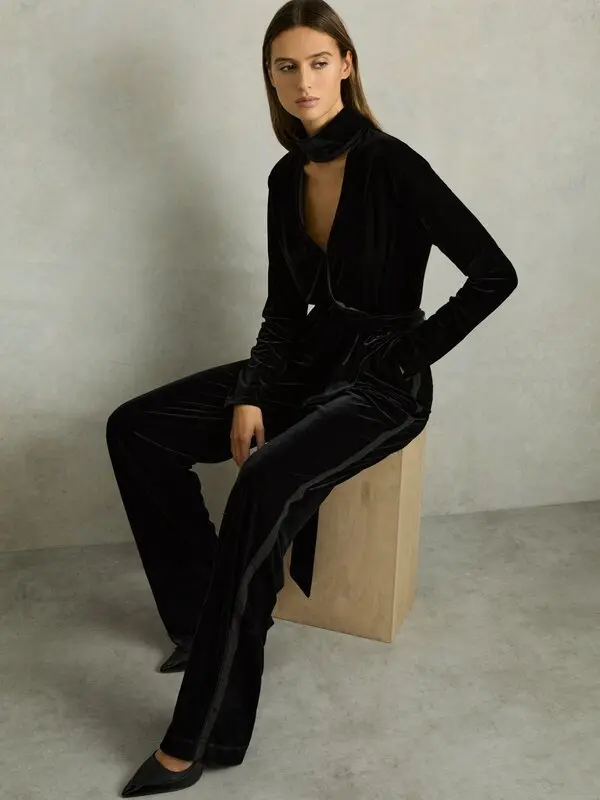 REISS Vera Velvet Belted Wide Leg Jumpsuit