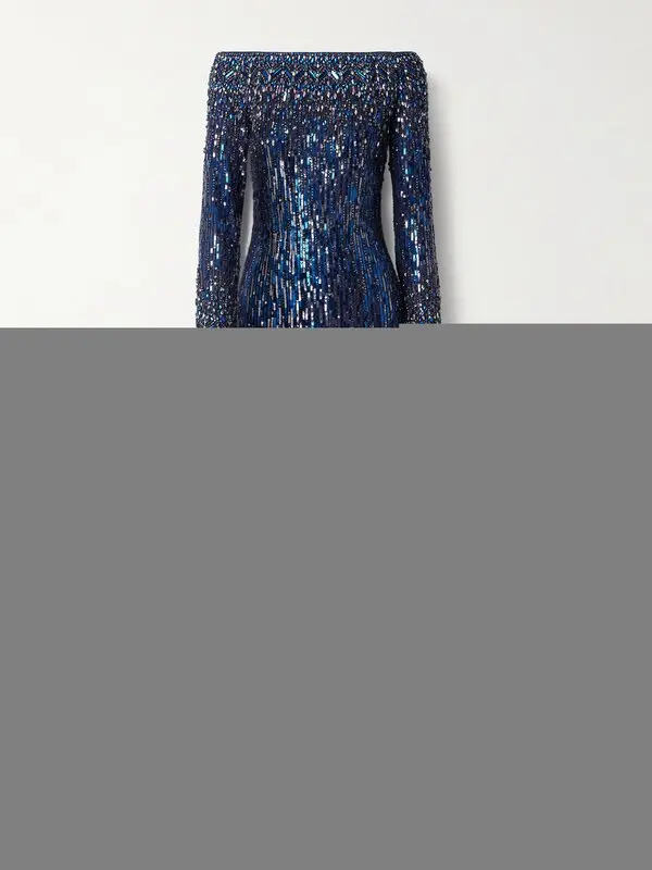 Jenny Packham Off-the-shoulder Crystal And Sequin-embellished Tulle Gown - Blue
