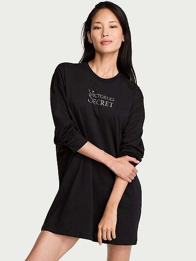 Victoria's Secret 100% Cotton Embellished Long-sleeve Sleep Tee - Black