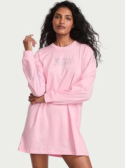 Victoria's Secret 100% Cotton Embellished Long-sleeve Sleep Tee - Pink