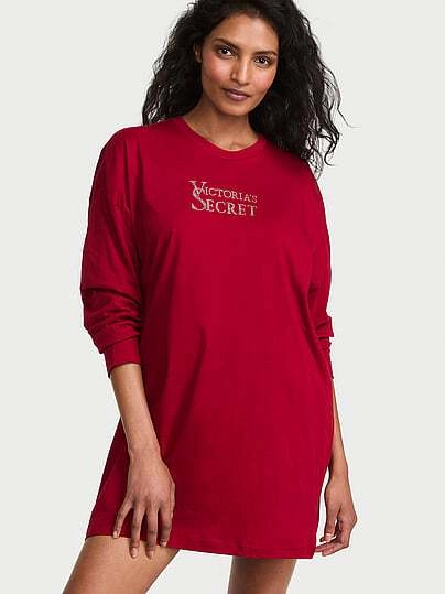 Victoria's Secret 100% Cotton Embellished Long-sleeve Sleep Tee - Red