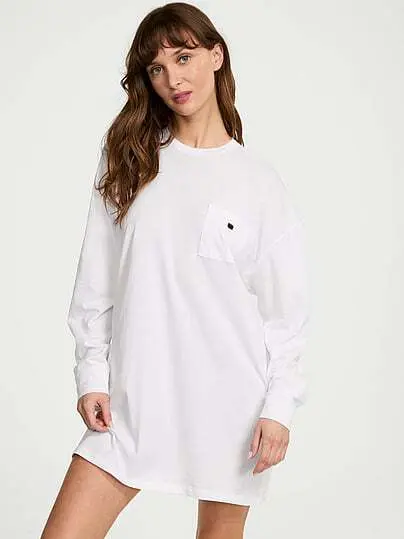 Victoria's Secret 100% Cotton Long-sleeve Pocket Sleep Tee - White,ivory