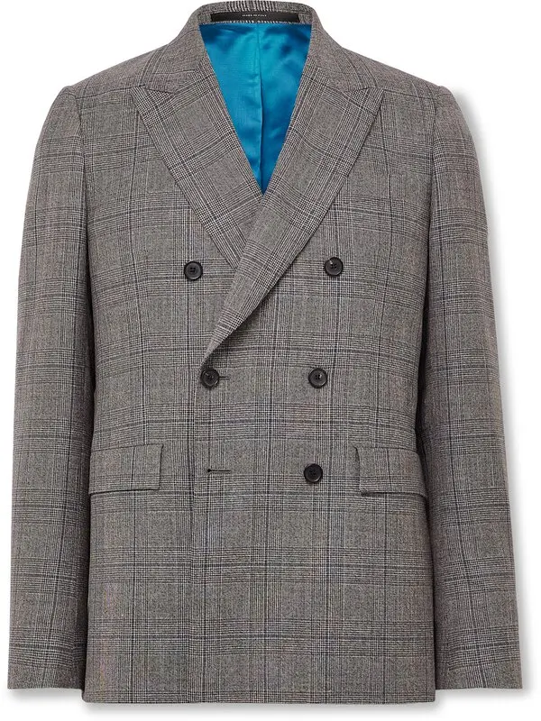 Paul Smith Double-breasted Prince Of Wales Checked Wool And Linen-blend Suit Jacket - Gray
