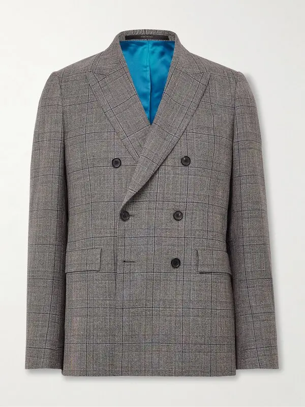 Paul Smith Double-breasted Prince Of Wales Checked Wool And Linen-blend Suit Jacket - Gray