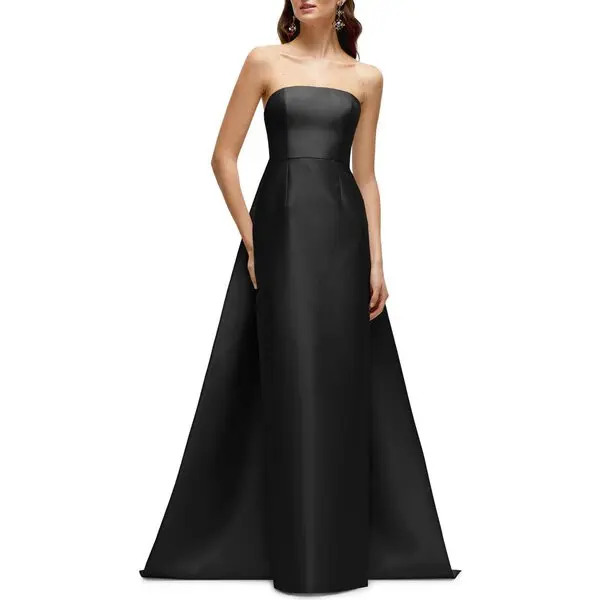 Alfred Sung Strapless Satin Twill Column Gown With Removable Train - Black