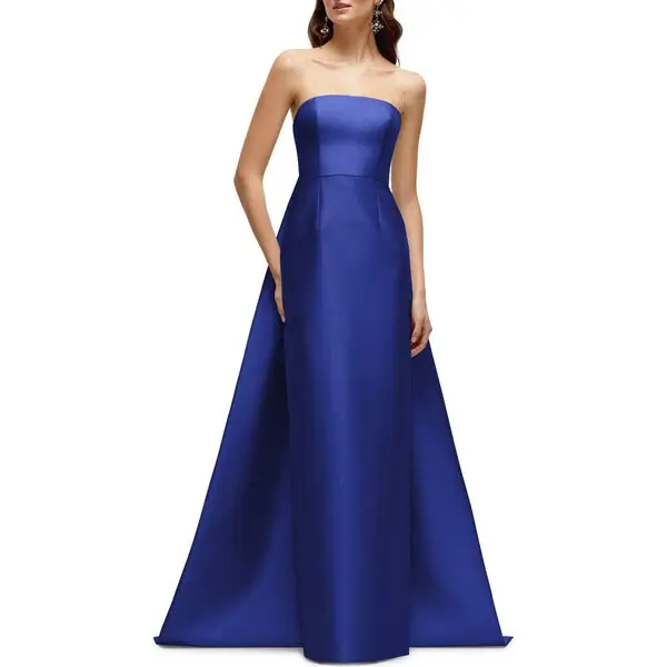 Alfred Sung Strapless Satin Twill Column Gown With Removable Train - Cobalt Blue