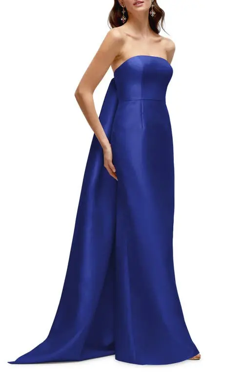 Alfred Sung Strapless Satin Twill Column Gown With Removable Train - Cobalt Blue