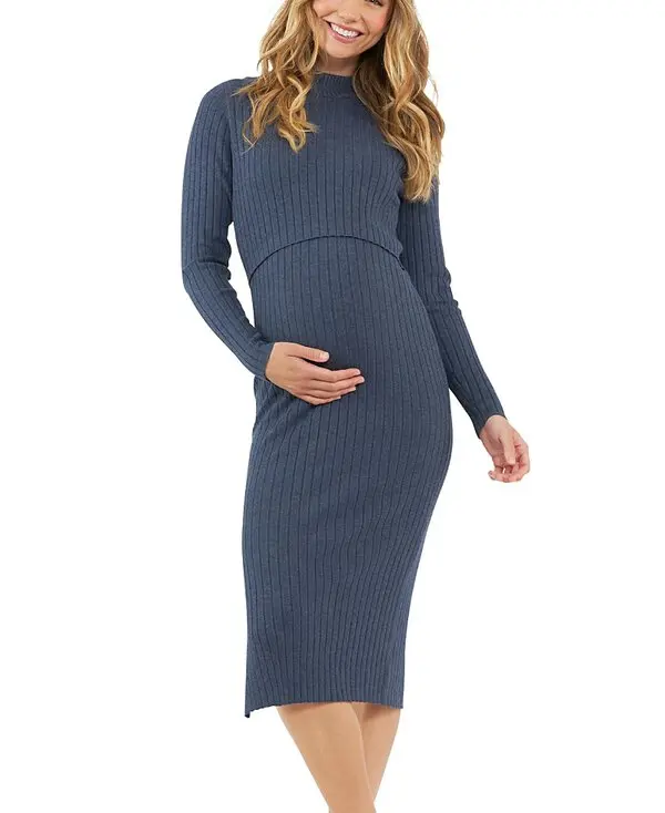 RIPE MATERNITY Nella Rib Nursing Knit Midi Dress - Denim Marle